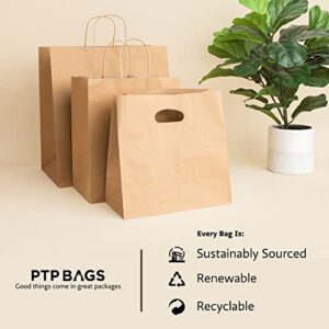 PTP BAGS Kraft Paper Bags With Handles, Brown Paper Bags for Special Occasions and Food Service, Tote Bag Set, 16 x 6 x 12.5 In, Natural, 100 Count