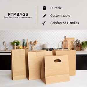 PTP BAGS Kraft Paper Bags With Handles, Brown Paper Bags for Special Occasions and Food Service, Tote Bag Set, 16 x 6 x 12.5 In, Natural, 100 Count