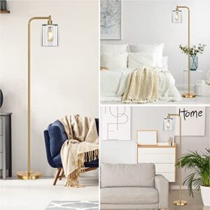 QiMH Industrial Floor Lamp for Living Room, Modern Standing Lamp with HD Glass Lampshade and Pedal Switch, 67” Tall Pole Light for Bedroom Study Room, Brushed Gold (2700K LED Bulb Included)