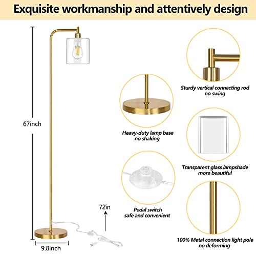 QiMH Industrial Floor Lamp for Living Room, Modern Standing Lamp with HD Glass Lampshade and Pedal Switch, 67” Tall Pole Light for Bedroom Study Room, Brushed Gold (2700K LED Bulb Included)