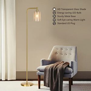 QiMH Industrial Floor Lamp for Living Room, Modern Standing Lamp with HD Glass Lampshade and Pedal Switch, 67” Tall Pole Light for Bedroom Study Room, Brushed Gold (2700K LED Bulb Included)