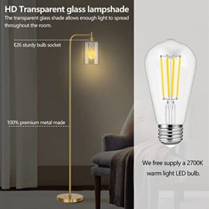 QiMH Industrial Floor Lamp for Living Room, Modern Standing Lamp with HD Glass Lampshade and Pedal Switch, 67” Tall Pole Light for Bedroom Study Room, Brushed Gold (2700K LED Bulb Included)