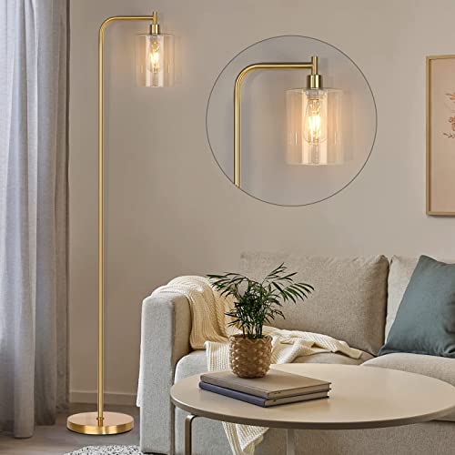 QiMH Industrial Floor Lamp for Living Room, Modern Standing Lamp with HD Glass Lampshade and Pedal Switch, 67” Tall Pole Light for Bedroom Study Room, Brushed Gold (2700K LED Bulb Included)