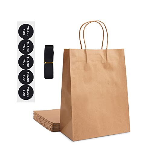 Stella Casa Brown Paper Bags with Handles 10pcs - 8x4.2x10.5inch, Kraft Paper Bags with a 5-meter black ribbon and 5 Thank You Stickers, Paper Gifts Bags for Merchandise and Daily Use.