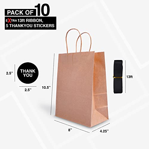 Stella Casa Brown Paper Bags with Handles 10pcs - 8x4.2x10.5inch, Kraft Paper Bags with a 5-meter black ribbon and 5 Thank You Stickers, Paper Gifts Bags for Merchandise and Daily Use.