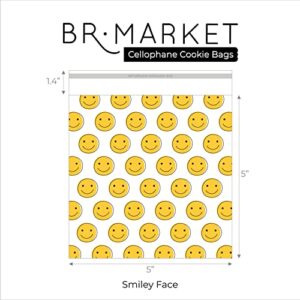 Cookie Treat Candy Bags, Cellophane, Smiley Face, Self Adhesive Plastic 100 COUNT 5x5 Inch Party Favors, Individual Bags for Gift Giving, Cookie Packaging, Cookie Wrappers, Cookie Gift Bag, BR Market