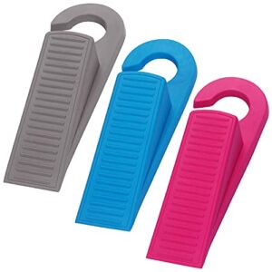 3 pack rubber hook type door stopper 1 inch thick door stop works on all floor surfaces, control the size of the door gaps and prevent the lock-outs (gray/blue/rose)