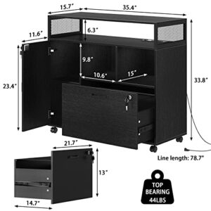 Osfvolr File Cabinet with Charging Station, Rolling Filing Cabinet with Locking Drawer for A4/Letter Size, Printer Stand with Open Storage Shelves with Wheels, File Cabinets for Home Office, Black