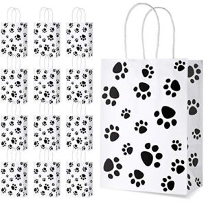 blulu 20 pieces puppy dog paw print treat bags with paper twist handles, paper paw print goodie bags dog gift bags cat treat bags for pet treat party favor, 6.3 x 3.1 x 8.6 inch（white backing）