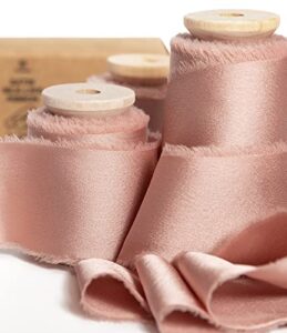 vitalizart pink silk satin ribbon 1-1/2 inch x 15 yard with wooden spool rose gold handmade frayed ribbons for gift wrapping baby shower wedding bridal bouquets holiday decor