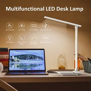 Desk Lamp with USB Charging Port , Folding Desk Light with 3 Color Modes Stepless Dimming, Eye-Caring LED Desk Lamps, Multifunction Table Lamp Touch Control Desk Lamps for Home Office(White+Black)