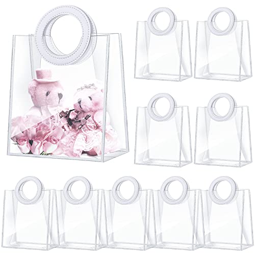 10 Pcs Clear PVC Gift Bags, Transparent PVC Handbag, Heavy Duty Reusable Gift Bags with Handles Clear Plastic Gift Bags Gift Wrap Bags for Bridal Baby Shower Wedding Shopping Bags, 8 x 7 x 4 Inch