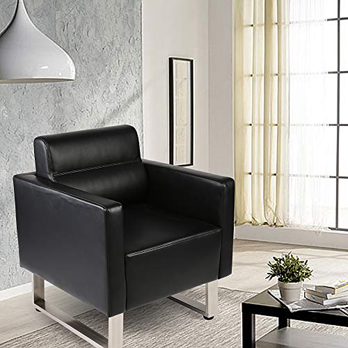 LUCKYERMORE Set of 2 Office Guest Chairs Waiting Room Chairs Lobby Chairs Black Leather Chairs Sofa Barrel Club Chairs Heavy Duty and Great Support Cushion Armchair for Office Guest Reception