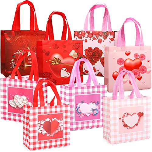 8PCS Happy Valentines Day Reusable Gift Bags, Treat Bags with Handles, Valentines Day Party Bags, Multifunctional Non-Woven Valentines Bags for Gifts Wrapping, Valentines Party Supplies, 8.7×9.2×4.3inch