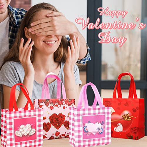 8PCS Happy Valentines Day Reusable Gift Bags, Treat Bags with Handles, Valentines Day Party Bags, Multifunctional Non-Woven Valentines Bags for Gifts Wrapping, Valentines Party Supplies, 8.7×9.2×4.3inch