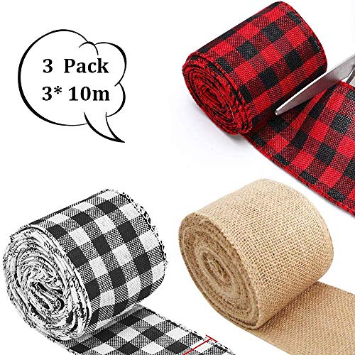 Wired Edge Burlap Ribbon 3 Rolls,30 Yards x 2.5 in Black Red Plaid Ribbon, Black White Buffalo Plaid Ribbon and Burlap Ribbon for Crafts Gift Wrapping Decoration