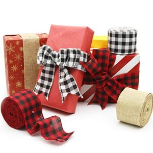 Wired Edge Burlap Ribbon 3 Rolls,30 Yards x 2.5 in Black Red Plaid Ribbon, Black White Buffalo Plaid Ribbon and Burlap Ribbon for Crafts Gift Wrapping Decoration