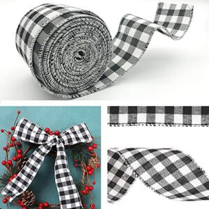 Wired Edge Burlap Ribbon 3 Rolls,30 Yards x 2.5 in Black Red Plaid Ribbon, Black White Buffalo Plaid Ribbon and Burlap Ribbon for Crafts Gift Wrapping Decoration