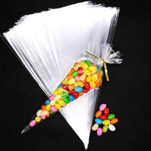 Muyindo 100 Pieces (7x15 Inch) Clear Bags Cone Bag Cello Bags Popcorn Bags Triangle Goody Bags with Twist Ties for Candies Handmade Cookies Bags