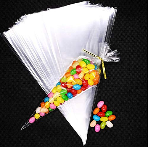 Muyindo 100 Pieces (7x15 Inch) Clear Bags Cone Bag Cello Bags Popcorn Bags Triangle Goody Bags with Twist Ties for Candies Handmade Cookies Bags