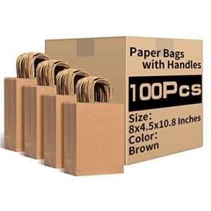 brown paper bags with handles bulk, 100pcs, 8×4.5×10.8inches, gift bags, brown kraft paper bags, gift bags bulk, retail bags, party bags, shopping bags, favor bags