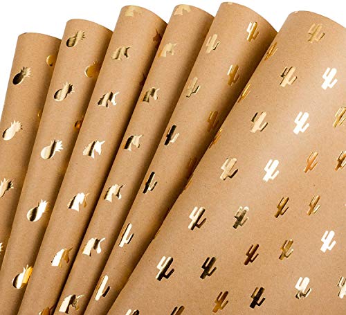 RUSPEPA Kraft Wrapping Paper Gold Foil Unicorn Pineapple Cactus Shiny Kraft Paper for Birthday, Holiday, Wedding Wrap - 6 Sheets Packed as 1 roll - 17.5 x 30 inches per Sheet