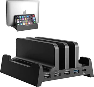 vertical laptop stand with usb hub, plastic dual-slot laptop holder adjustable dock size, laptop docking station with 1 usb-c and 4 usb-a ports, for all macbook/surface/hp/dell/ipad up to 17.3 inches