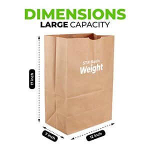 Large Paper Grocery Bags, 12x7x17 Kraft Brown Heavy Duty Sack 57 Lbs Basis Weight (100)