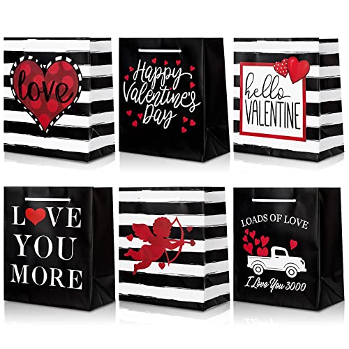 Whaline 12Pcs Valentine's Day Paper Gift Bags with Handle White Black Stripe Candy Goodie Bag Heart Love Truck Cupid Holiday Treat Bags Party Favor Bags for Wedding Engagement Wrapping Gift Supplies