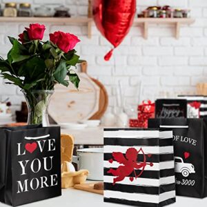 Whaline 12Pcs Valentine's Day Paper Gift Bags with Handle White Black Stripe Candy Goodie Bag Heart Love Truck Cupid Holiday Treat Bags Party Favor Bags for Wedding Engagement Wrapping Gift Supplies