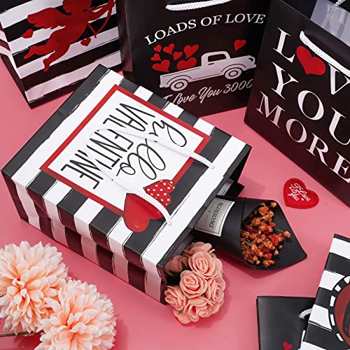 Whaline 12Pcs Valentine's Day Paper Gift Bags with Handle White Black Stripe Candy Goodie Bag Heart Love Truck Cupid Holiday Treat Bags Party Favor Bags for Wedding Engagement Wrapping Gift Supplies