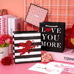 Whaline 12Pcs Valentine's Day Paper Gift Bags with Handle White Black Stripe Candy Goodie Bag Heart Love Truck Cupid Holiday Treat Bags Party Favor Bags for Wedding Engagement Wrapping Gift Supplies