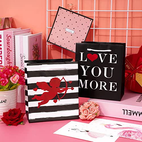 Whaline 12Pcs Valentine's Day Paper Gift Bags with Handle White Black Stripe Candy Goodie Bag Heart Love Truck Cupid Holiday Treat Bags Party Favor Bags for Wedding Engagement Wrapping Gift Supplies