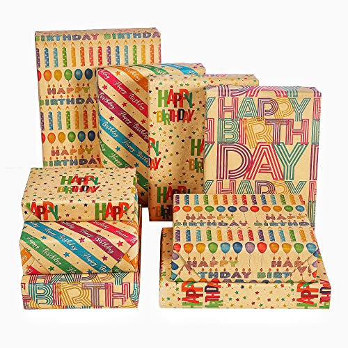 THMORT Birthday Wrapping Paper for Kids, Boys&Girls, Adults. Kraft Brown Recycled Gift Wrapping Paper ,Rainbow stripe Happy Birthday 4 Colorful Designs for Baby Shower, Holiday, Party Pack of 12 Sheets 29 X 20 Inch.