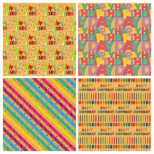 THMORT Birthday Wrapping Paper for Kids, Boys&Girls, Adults. Kraft Brown Recycled Gift Wrapping Paper ,Rainbow stripe Happy Birthday 4 Colorful Designs for Baby Shower, Holiday, Party Pack of 12 Sheets 29 X 20 Inch.