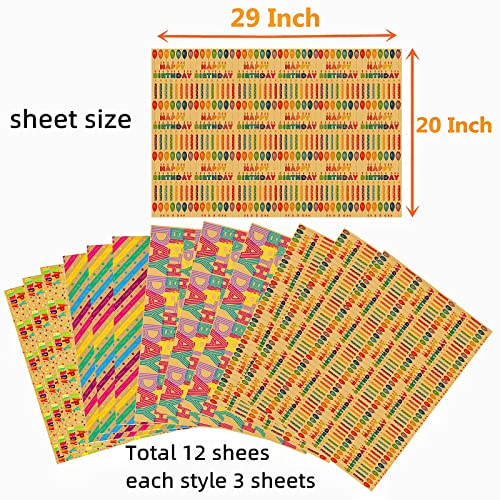 THMORT Birthday Wrapping Paper for Kids, Boys&Girls, Adults. Kraft Brown Recycled Gift Wrapping Paper ,Rainbow stripe Happy Birthday 4 Colorful Designs for Baby Shower, Holiday, Party Pack of 12 Sheets 29 X 20 Inch.