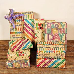 THMORT Birthday Wrapping Paper for Kids, Boys&Girls, Adults. Kraft Brown Recycled Gift Wrapping Paper ,Rainbow stripe Happy Birthday 4 Colorful Designs for Baby Shower, Holiday, Party Pack of 12 Sheets 29 X 20 Inch.