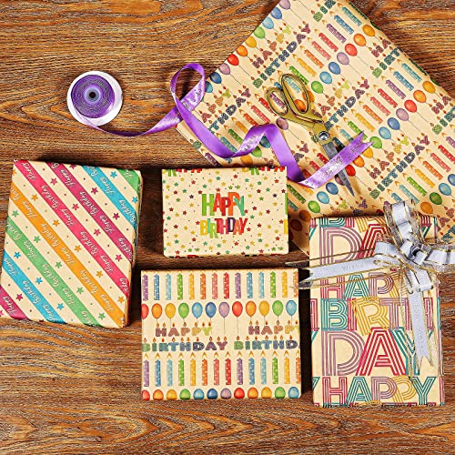 THMORT Birthday Wrapping Paper for Kids, Boys&Girls, Adults. Kraft Brown Recycled Gift Wrapping Paper ,Rainbow stripe Happy Birthday 4 Colorful Designs for Baby Shower, Holiday, Party Pack of 12 Sheets 29 X 20 Inch.