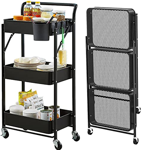 3 Tier Foldable Storage Cart with Wheels Folding Utility Rolling Cart Metal Kitchen Storage Organzier Cart for Classroom, Bedroom, Living Room