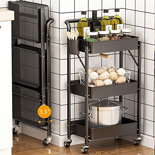 3 Tier Foldable Storage Cart with Wheels Folding Utility Rolling Cart Metal Kitchen Storage Organzier Cart for Classroom, Bedroom, Living Room