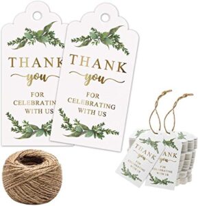 thank you for celebrating with us tags, 100pcs greenery gold gift tags, thank you tags for baby shower, birthday, wedding, bridal shower, gift tags with 100 feet natural jute twine.