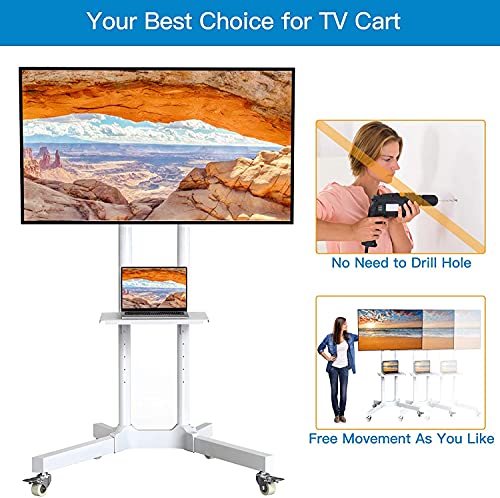 Mobile TV Cart with Wheels for 32-83 Inch LCD LED 4K Flat Curved Screen TVs- Height Adjustable Rolling TV Stand Hold Up to 132 lbs- Trolley Floor Stand with Tray Max VESA 600x400mm White PSTVMC01W