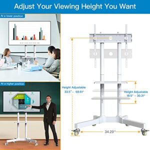 Mobile TV Cart with Wheels for 32-83 Inch LCD LED 4K Flat Curved Screen TVs- Height Adjustable Rolling TV Stand Hold Up to 132 lbs- Trolley Floor Stand with Tray Max VESA 600x400mm White PSTVMC01W