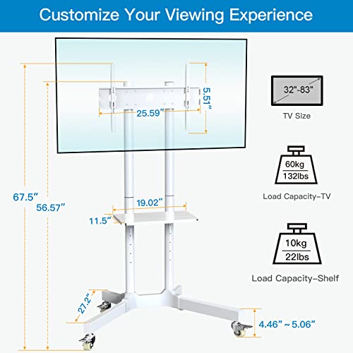 Mobile TV Cart with Wheels for 32-83 Inch LCD LED 4K Flat Curved Screen TVs- Height Adjustable Rolling TV Stand Hold Up to 132 lbs- Trolley Floor Stand with Tray Max VESA 600x400mm White PSTVMC01W