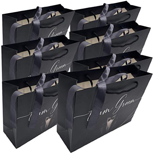 Groomsmen Gift Bags, 14"x10"x4.5" Euro Style, Premium Matte With Handle & Satin Ribbon, Set Of 7. In Silver Foil For Groomsmen Proposal , Bachelor Favors or Team Groom Gifts. (Black & Silver Foil, 7)