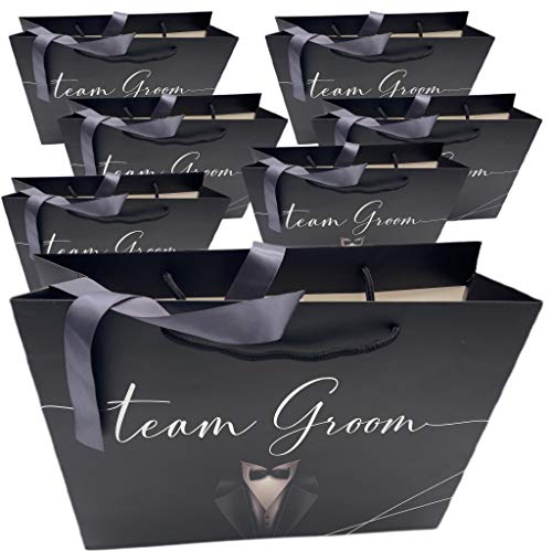 Groomsmen Gift Bags, 14"x10"x4.5" Euro Style, Premium Matte With Handle & Satin Ribbon, Set Of 7. In Silver Foil For Groomsmen Proposal , Bachelor Favors or Team Groom Gifts. (Black & Silver Foil, 7)