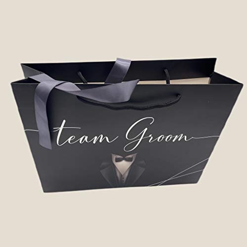 Groomsmen Gift Bags, 14"x10"x4.5" Euro Style, Premium Matte With Handle & Satin Ribbon, Set Of 7. In Silver Foil For Groomsmen Proposal , Bachelor Favors or Team Groom Gifts. (Black & Silver Foil, 7)