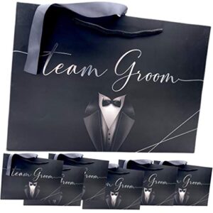 Groomsmen Gift Bags, 14"x10"x4.5" Euro Style, Premium Matte With Handle & Satin Ribbon, Set Of 7. In Silver Foil For Groomsmen Proposal , Bachelor Favors or Team Groom Gifts. (Black & Silver Foil, 7)