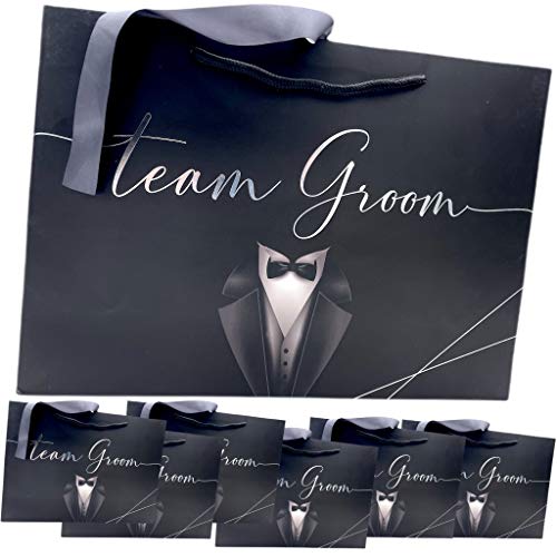 Groomsmen Gift Bags, 14"x10"x4.5" Euro Style, Premium Matte With Handle & Satin Ribbon, Set Of 7. In Silver Foil For Groomsmen Proposal , Bachelor Favors or Team Groom Gifts. (Black & Silver Foil, 7)