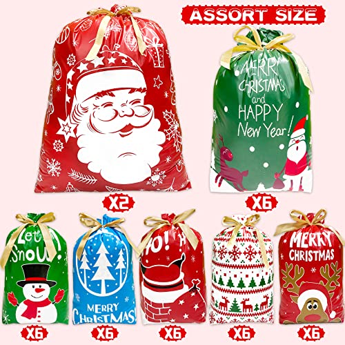 Funnlot Christmas Drawstring Gift Bags 38PCS Christmas Bags For Gifts With Drawstrings Large Drawstring Christmas Gift Bags Assorted Sizes Christmas Wrapping Bags Christmas Gift Bags With Drawstring 3 Sizes And 7 Designs